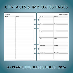 2024 Planner Refills - Weekly and Monthly Appointment Book Inserts, Tabbed, 6 Holes, A5 Size