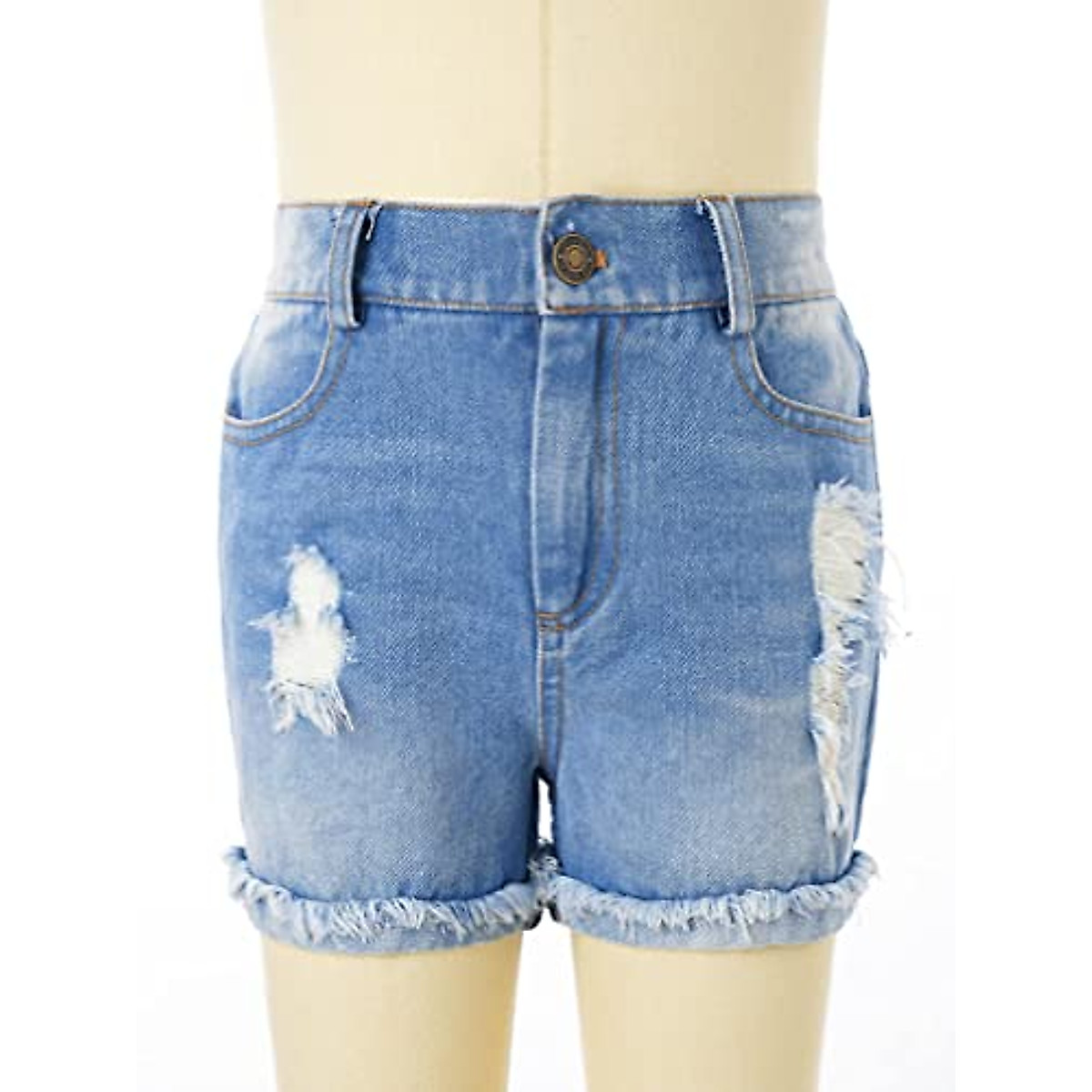 easyforever Girls Denim Shorts Stretch High Waisted Jeans Ripped Raw Hem Denim Shorts Cut Off Hot Pants with Pockets Light Blue 6 Years