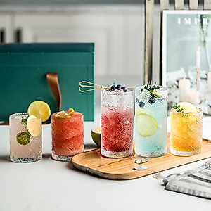 SoulTimes Glass Cups Vintage Glassware Set of 4, Drinking Glasses 12.5oz, Embossed Pattern Style Transparent Cocktail Glasses Set, for Ice Coffee,Juice,Beer,Bar Beverages,Drinkware, Transparent (L)