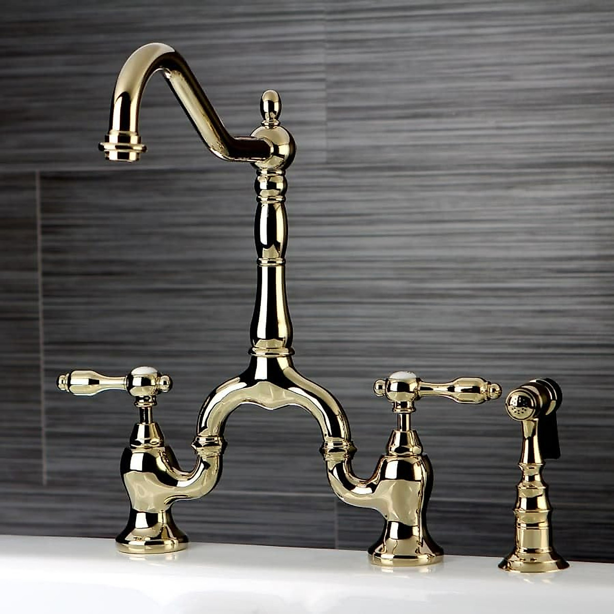Kingston Brass KS7757TALBS Tudor Bridge Kitchen Faucet, Brushed Brass