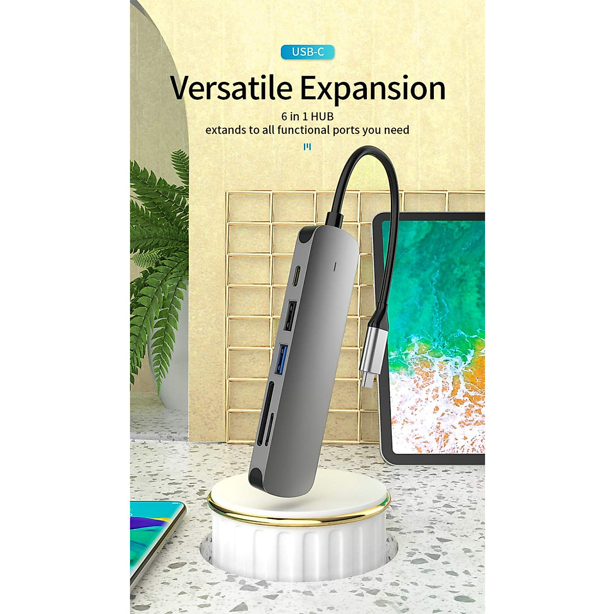 USB C hub,USB C Docking Station,6 in 1 USB C Docking Station Adapter,with 1 4K HDMI-Compatible,1 USB2.0,1 USB3.0,1 PD,SD TF Card Reader,Suitable for USB -C Type Equipment.