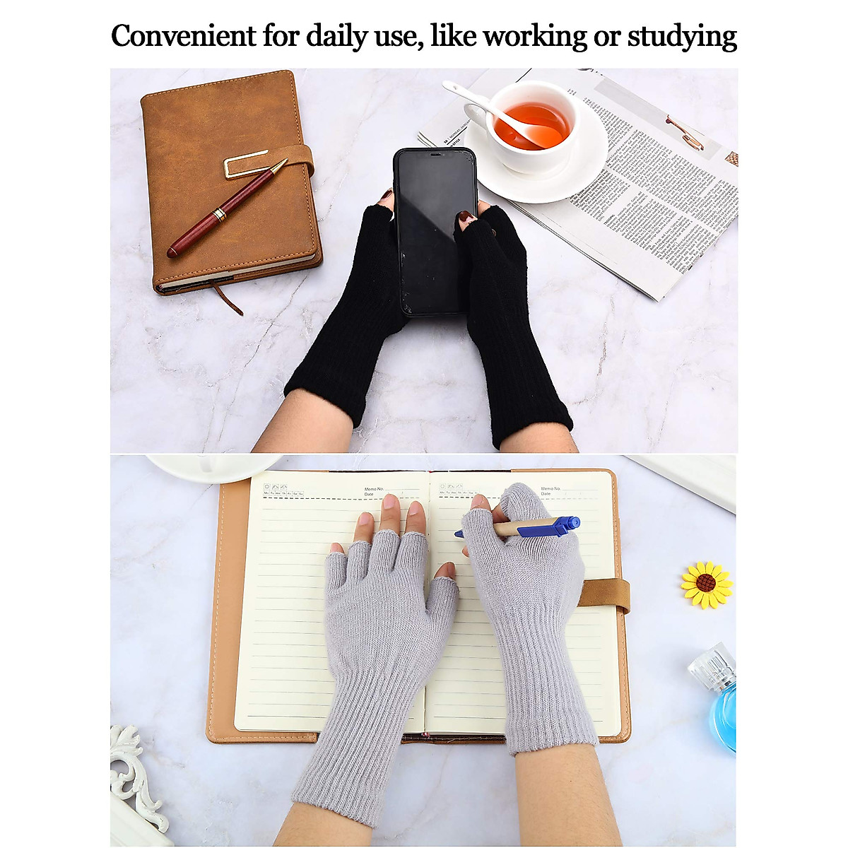 SATINIOR Fingerless Gloves for Women Half Finger Typing Gloves with Long Wrist Cuff Winter Knit Fingerless Mittens for Women (Black, Red, Light Grey, Coffee, 4 Pairs)