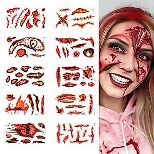 YOSENG Horror Realistic Fake Bloody Wound Stitch Scar Scab Waterproof Temporary Tattoo Sticker Halloween Masquerade Prank Makeup Props for face,body-10PC（YS-10)