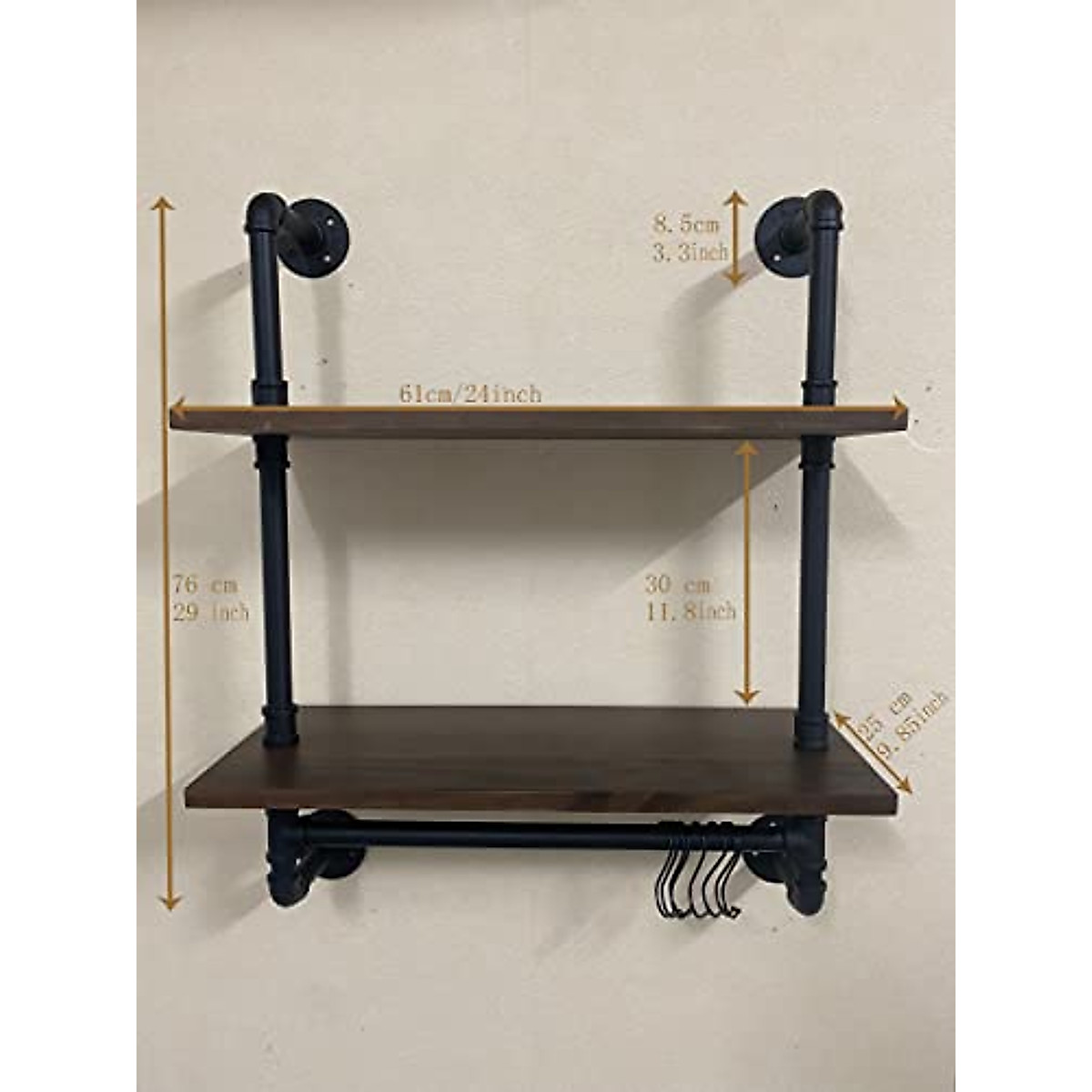 MEYRUOXI Pipe Shelves Industrial Pipe Shelving Industrial Bathroom Shelves with Towel bar,24 in Rustic Metal Pipe Floating Shelves Pipe Wall Shelf,2 Tier Industrial Shelf Wall Mounted with Hook