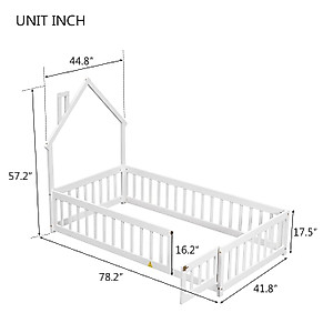 TURRIDU Twin Size Montessori Floor Bed with Fence and Door, House-Shaped Headboard Floor Bed with Full-Length Guardrails, Floor House Bed for Children Girls Boys, No Weight Limit, White