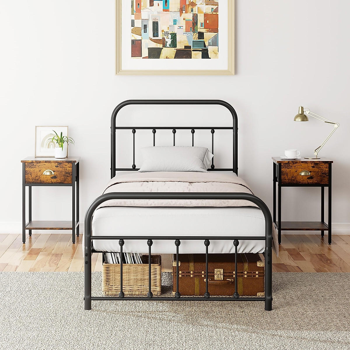 Walsunny Classic Metal Platform Bed Frame Mattress Foundation with Victorian Style Iron-Art Headboard/Footboard, Under Bed Storage, No Box Spring Needed, Twin Size