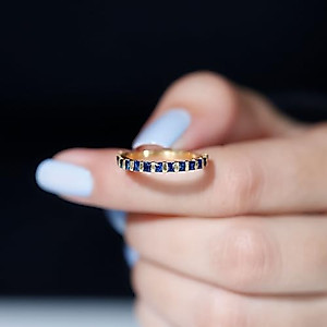 Rosec Jewels Certified Sapphire Half Eternity Band, AAA Quality, Natural Blue Sapphire Princess Cut Wedding Ring - Ready to Gift, 14K Yellow Gold, Size:US 10.00