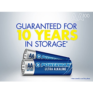 Powermax 100-Count AA Batteries, Ultra Long Lasting Alkaline Battery, 10-Year Shelf Life, Reclosable Packaging