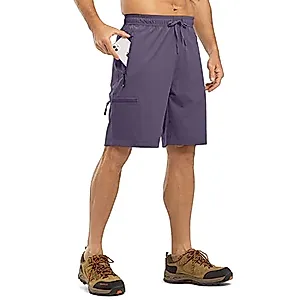 TBMPOY Men's Hiking Shorts with 5 Zip Pockets 9'' Lightweight Outdoor Work Athletic Short for Men Travel Running Purple Grey XXL
