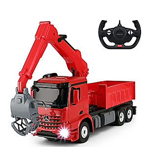 RASTAR RC Logging Truck Toys 1:24 Scale Mercedes-Benz Arocs Remote Control Dump Truck RC Construction Vehicles with Lights/Crane Arm 2.4GHz, RC Truck for Boys Kids Adults