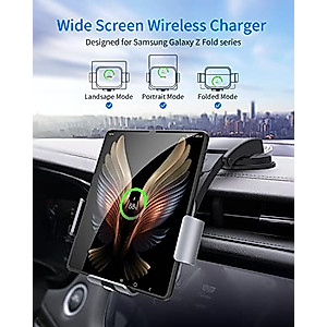JOYVEVA Dual Coil Wireless Car Charger for Galaxy Z Fold 4/3, Fast Charging Phone Holder for Galaxy Z Fold 2, Landscape Mobile Phone Mount for Galaxy Z Fold (Steel Gray)