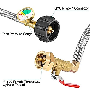 Catilon Propane Refill Adapter Hose with Gauge, Upgraded 36" Stainless Braided QCC1 Type Inlet, 3FT Propane Tank Refill Adapter Extension Hose for 1LB Propane Gas Tank