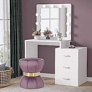 Joveco Round Velvet Ottoman, Upholstered Vanity Stool Footrest Footstool Side Table Seat with Metal Band for Makeup Room Living Room Bedroom (Purple)