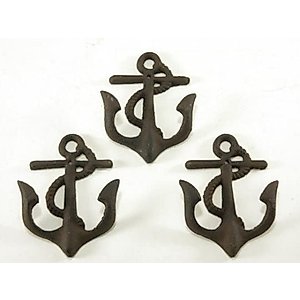 3 pc Cast Iron Anchor Double Wall Hooks Rustic Brown with Hardware