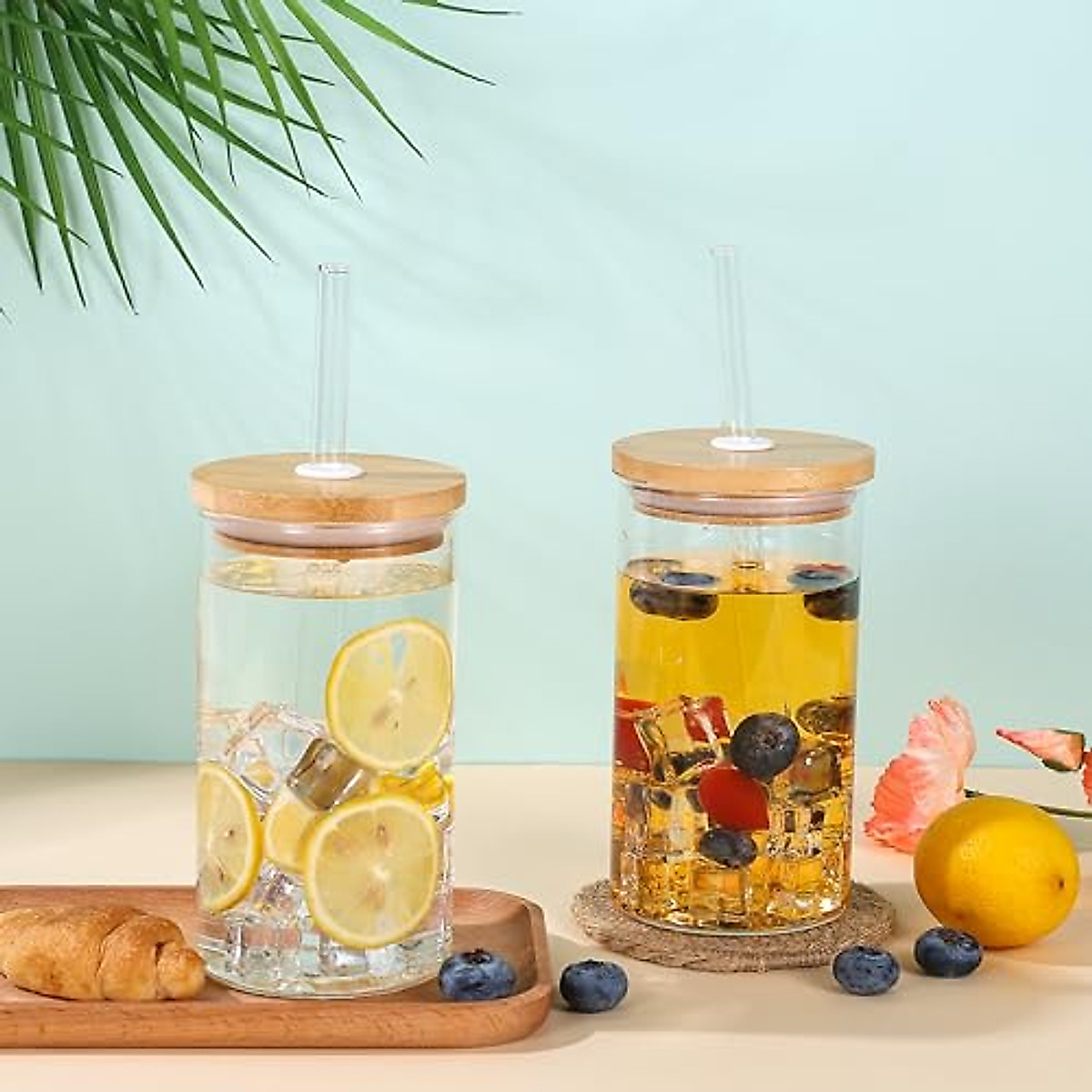 Kftamoetly 2 Pack Glass Cups with Bamboo Lids and Glass Straws, Reusable Wide Mouth Drinking Cups Can Glass Suitable for Juice, Ice Coffee, Tea, Beer, Whiskey (Transparent)
