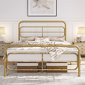 Yaheetech Queen Bed Frame Metal Platform Bed with Geometric Patterned Headboard, Mattress Foundation with Under Bed Storage/Sturdy Slat Support, No Box Spring Needed, Antique Gold