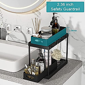 ATTGREAT Under Sink Organizers and Storage, 2 Tier Bathroom Cabinet Organizer with 2 Hanging Cups and 4 Hooks, Sliding Cabinet Organizer Drawer for Home Storage(Black)