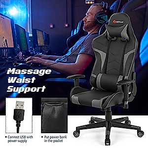 Goplus Gaming Desk & Chair Combo Set, Racing Style X Shaped E-Sport Gamer Desk & PVC Computer Chair w/Cup & Headphone Holder, Mouse Pad, Headrest & Massage Lumbar Support for Home Office (Grey)