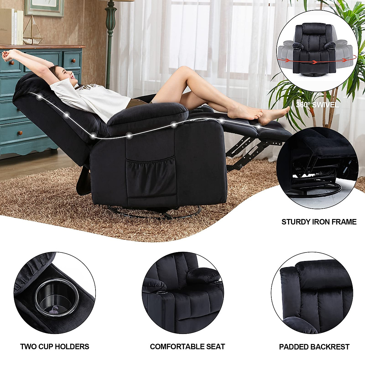 COMHOMA Recliner Chair Massage Rocker with Heated 360 Degree Swivel Lazy Boy Recliner Single Sofa Seat with Cup Holders for Living Room (Black)