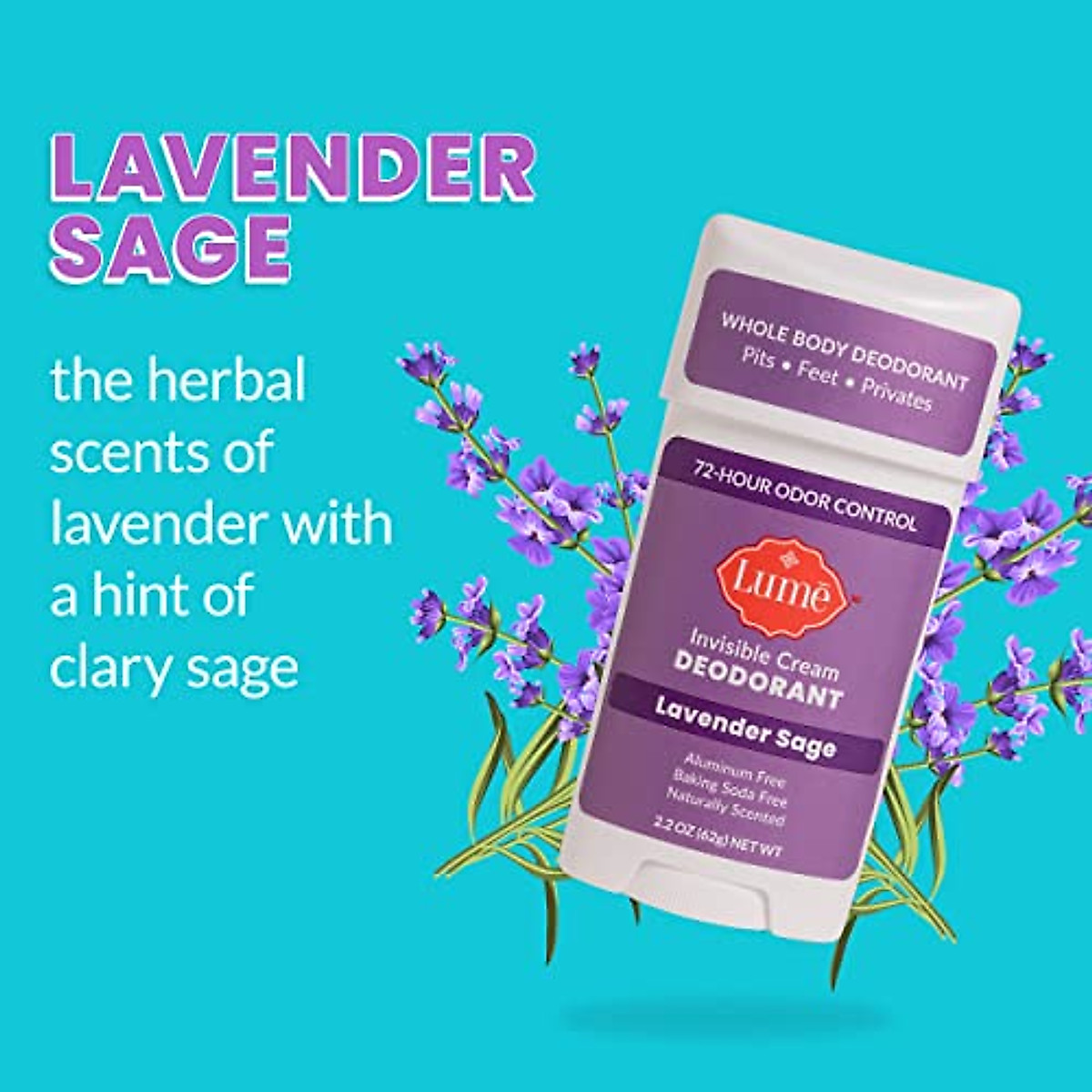 Lume Deodorant Cream Stick - Underarms and Private Parts - Aluminum-Free, Baking Soda-Free, Hypoallergenic, and Safe For Sensitive Skin - 2.2 Ounce (Lavender Sage)