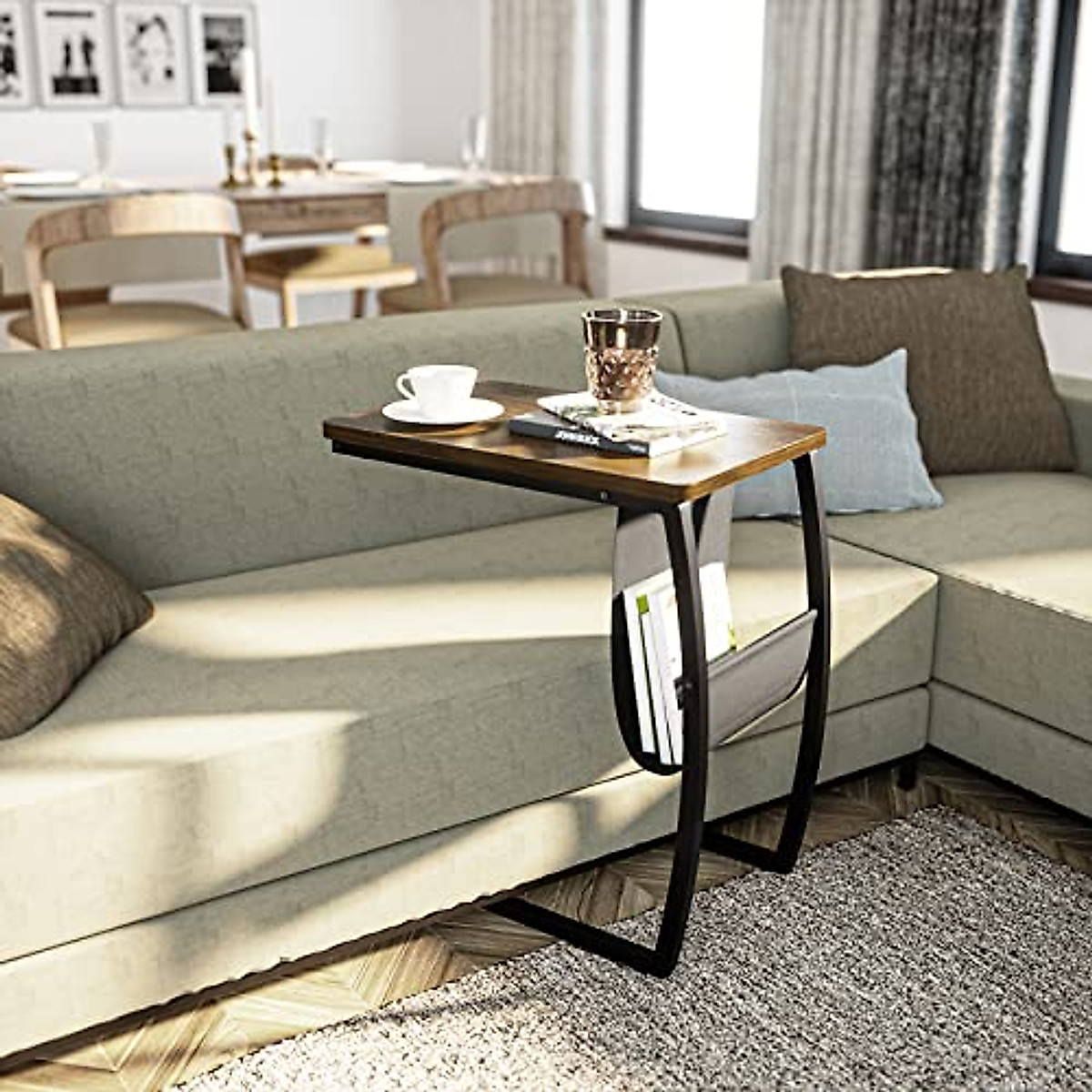 SRIWATANA Side Table End Table, Vintage C Shaped Couch Table with Side Pocket for Sofa Laptop Coffee Snack, Walnut
