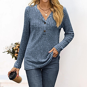 GDJGTA Women's Long Sleeve T Shirt Fashion V Neck Tops Solid Color Casual Blouses,Light Blue,Large