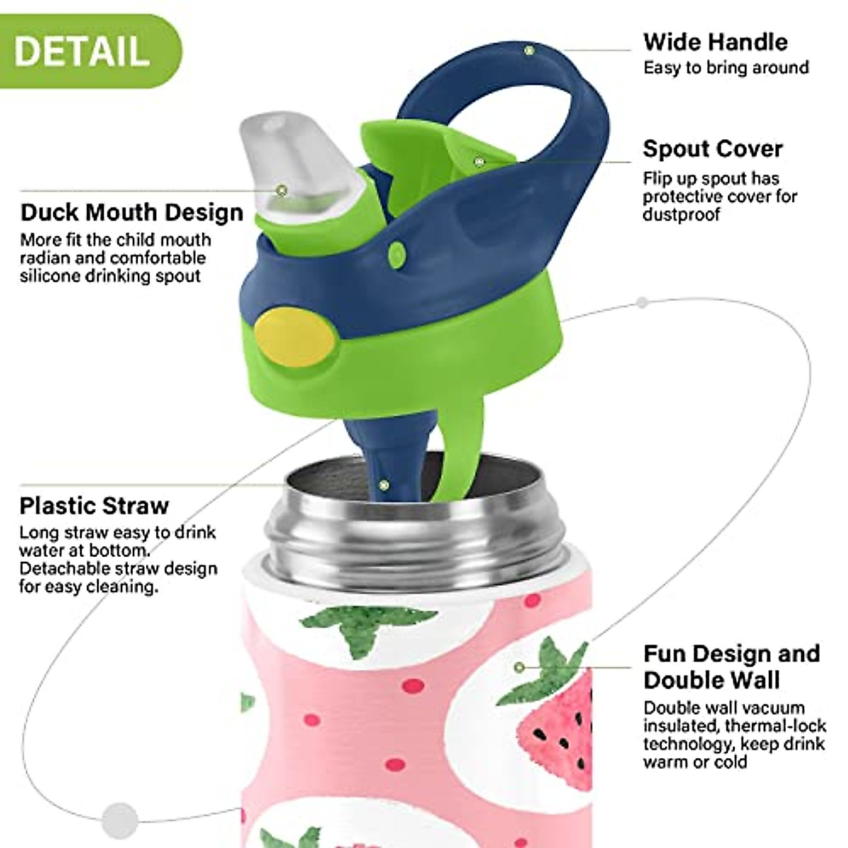 Kigai Strawberry Kids Water Bottle, BPA-Free Vacuum Insulated Stainless Steel Water Bottle with Straw Lid Double Walled Leakproof Flask for Girls Boys Toddlers, 12Oz