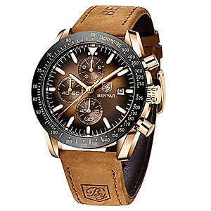 BY BENYAR Mens Watches Analog Quartz Chronograph Waterproof Brown Leather Men's Wrist Watches Business Work Casual Sport Classic Big Face Dress Watch Unique Elegant Gifts for Men