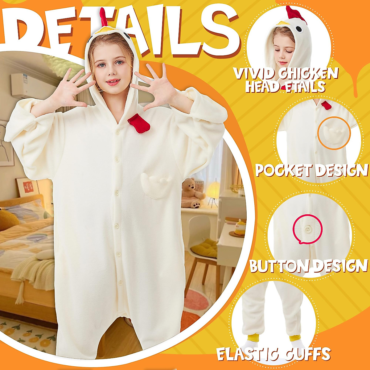 CANASOUR Animal Onesie Kids Halloween Costumes Anime Cosplay Green Animal One Piece Pajamas Unisex 4-12 Years (Chicken White, 10-12 Years)