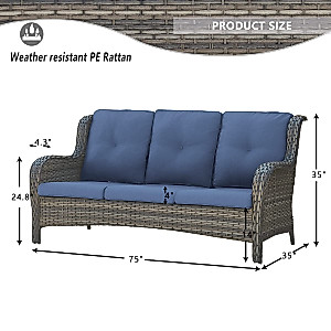 HUMMUH 3-Seat Outdoor Wicker Sofa PE Rattan Patio Couch with Cushions,Deep Seat High Curved Back Armset Patio Sofa