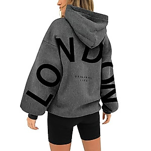 BLUBUKLKUN lightning deals London Sweatshirt Hoodies for Women Long Sleeved Oversized Streetwear Printed Hoodie With Pockets Y2K (Dark Gray, M)