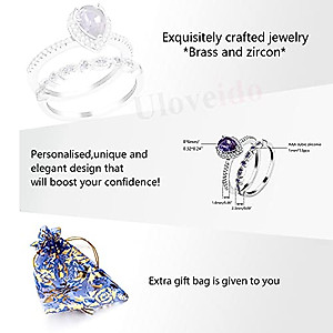 N/C 2pcs Stacking Rings Set, Crystal Milgrain Eternity Wedding Band & Purple Teardrop Halo Ring Engagement Promise (size 9)
