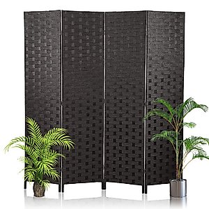Room Divider, 6FT Wall Divider Wood Screen 4 Panels Wood Mesh Hand-Woven Design Room Screen Divider Indoor Folding Portable Partition Screen,Black