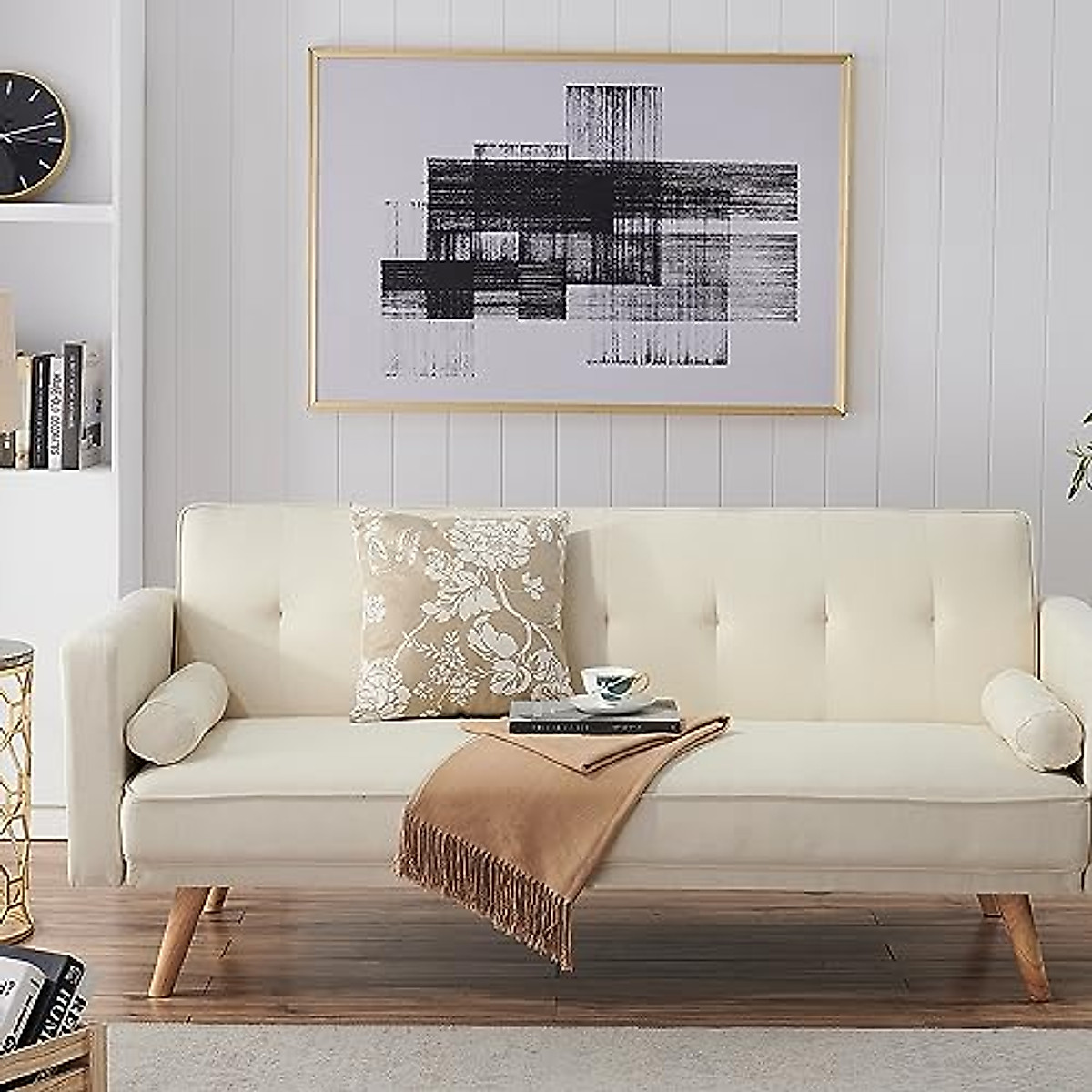 FULife Modern Futon Loveseat Sofa Convertible Sleeper Daybed, Folding Sofá Beds Recliner,Small Tufted Upholstered Love 2-Seat Couch for Living Room Space Furniture Sets, Beige Cotton 71.6" w