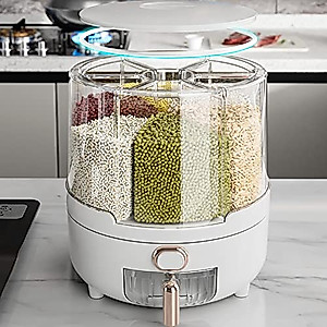 Rice Dispenser, Rotating Dry Food Dispenser PP Plastic Kitchen Grain Storage Container with 6 Compartments Holder for Rice and Beans (White)