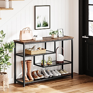 IDEALHOUSE Console Table, 4-Tier Sofa Tables Narrow Entryway Table with Glass Shelf and Metal Frame, 39.4" Behind Couch Table Industrial Hallway Table for Living Room, Foyer, Bedroom, Rustic Brown