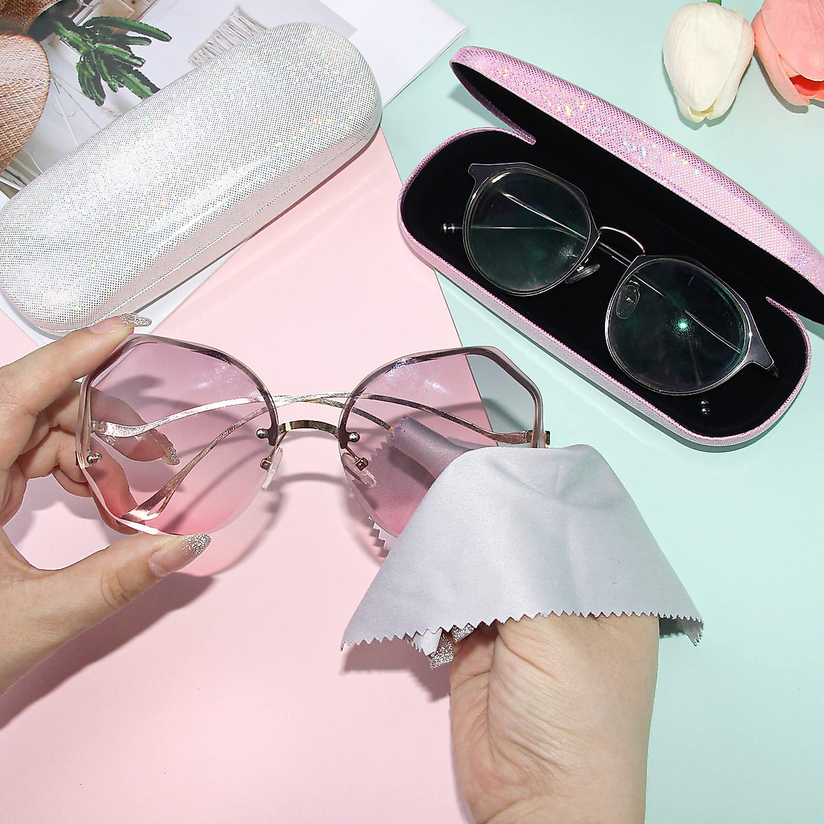 3 Piece Glasses Case Hard Shell,Estuche para Lentes Protective Reading Eyeglass Case with Cleaning Cloth for Women,Men (Purple, pink, white)