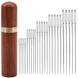 25Pieces Hand Sewing Big Eye Needles Sharp Needle，with Solid Wood Needle Case for