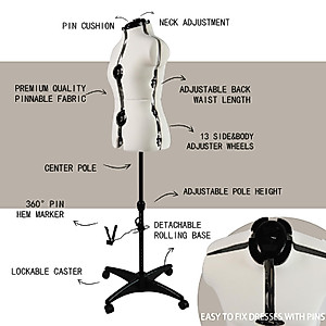 PDM WORLDWIDE Beige Adjustable Dress Form Mannequin for Sewing Female Size 6-14, Pinnable Model Body with 13 Dials, Detachable Casters, 42.5"-60" Height Range for Clothing Display, Small to Medium