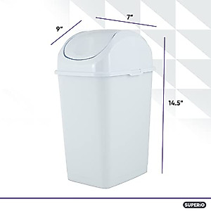 New Superio (2 Pack) Small 2.5 Gallon Plastic Trash Can with Swing Top Lid, Waste Bin for Under Desk, Office, Bedroom, Bathroom- 10 Qt (White)