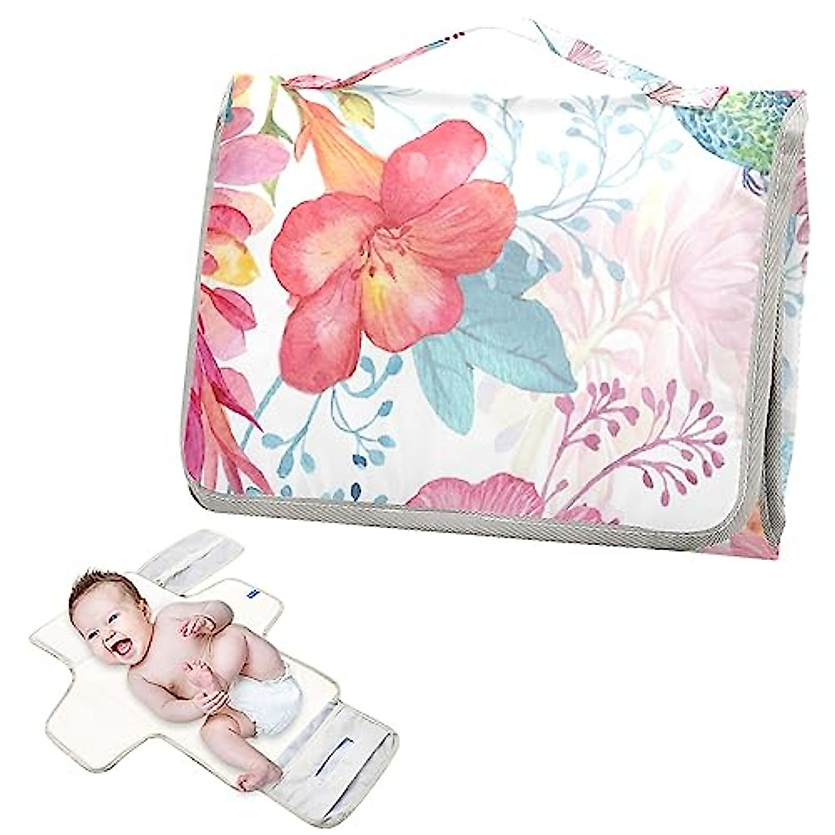 Flowers Birds Portable Baby Changing Pad Travel Diaper Changing Pad Foldable Waterproof Changing Station with Built-in Pillow for Baby Gifts Newborn
