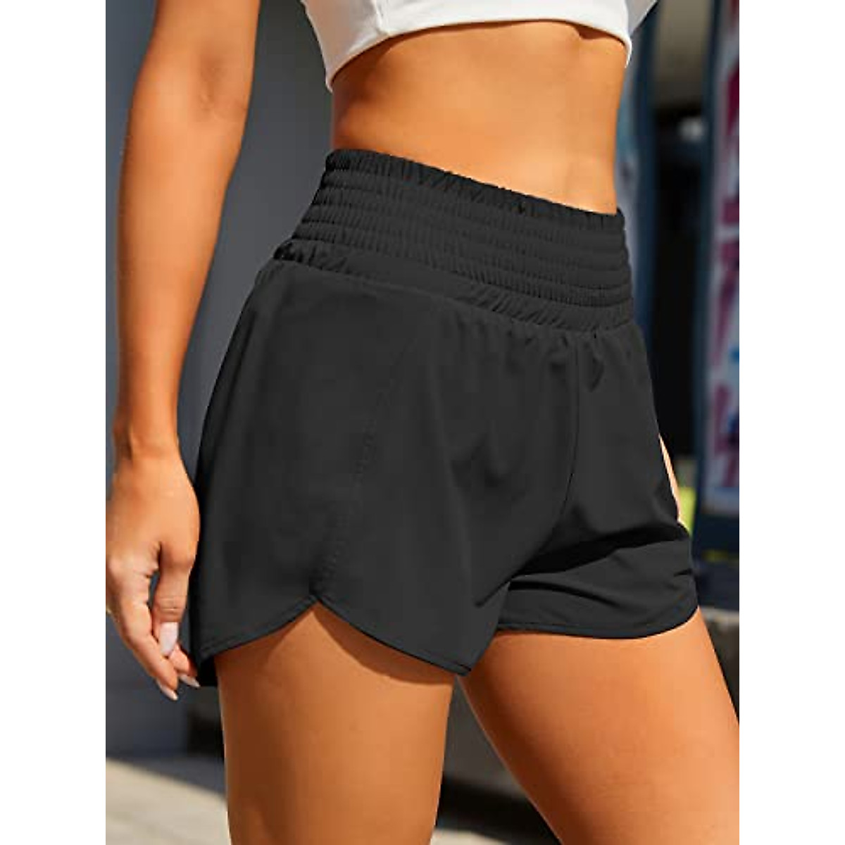 BMJL Women's Athletic Shorts High Waisted Running Shorts Pocket Sporty Shorts Gym Elastic Workout Shorts(L,Black)