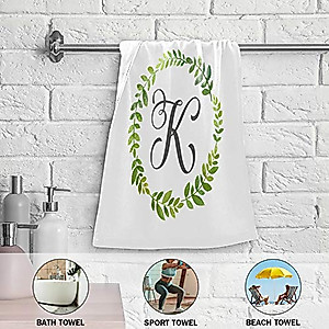 Oreayn Monogrammed Hand Towel for Bathroom Kitchen Beach Polyester Cotton Set of 2 Green Leaves Frame Wreath Fingertip Towel Soft Absorbent 28.3 x 14.4 Inch, Monogram Letter K