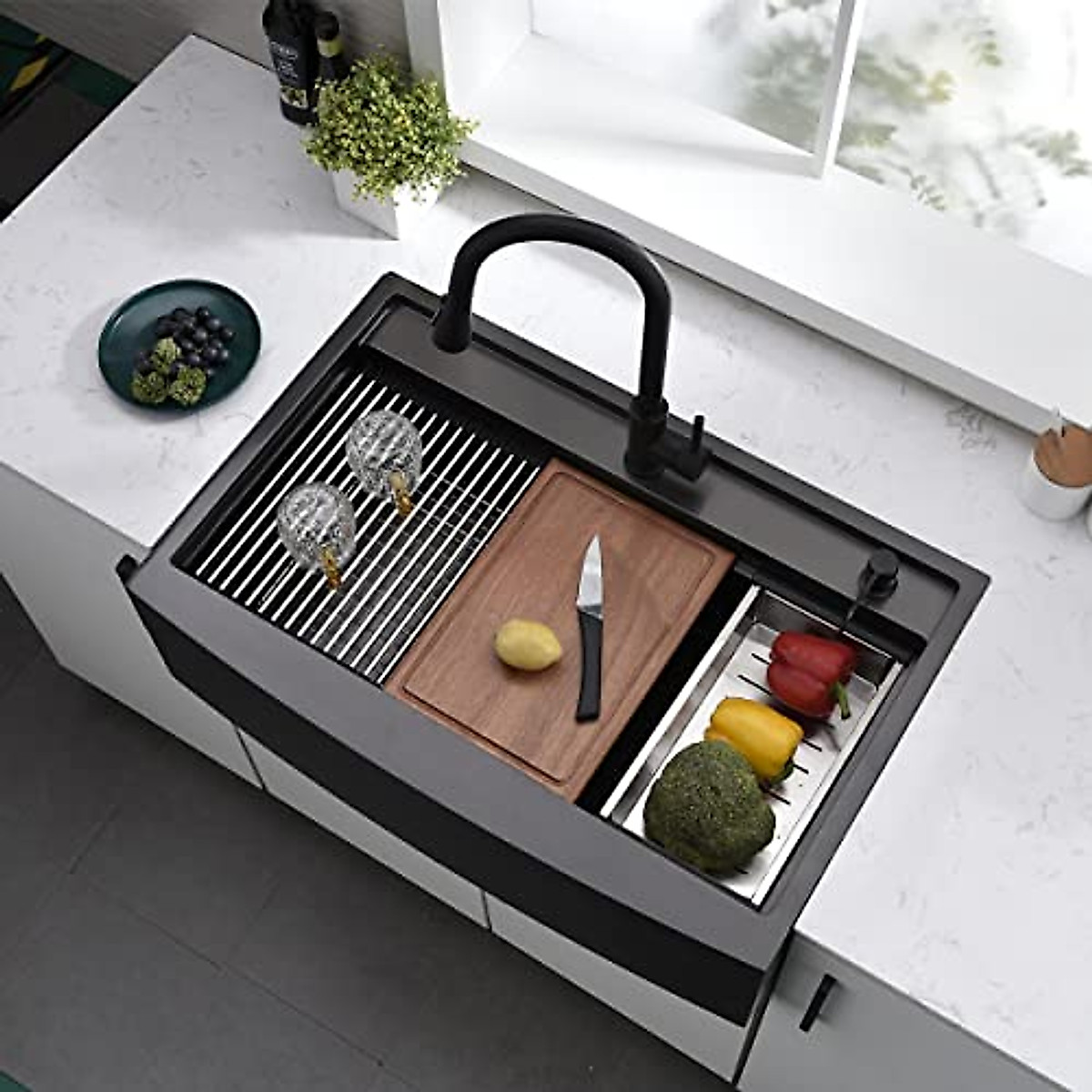 33 Inch Farmhouse Kitchen Sink Splash Guard Workstation Black - 33 inch Black Stainless Steel Apron Front Farmhouse Sink Workstation Kitchen Sink Single Bowl 16 Gauge Stainless Steel Farm Sink