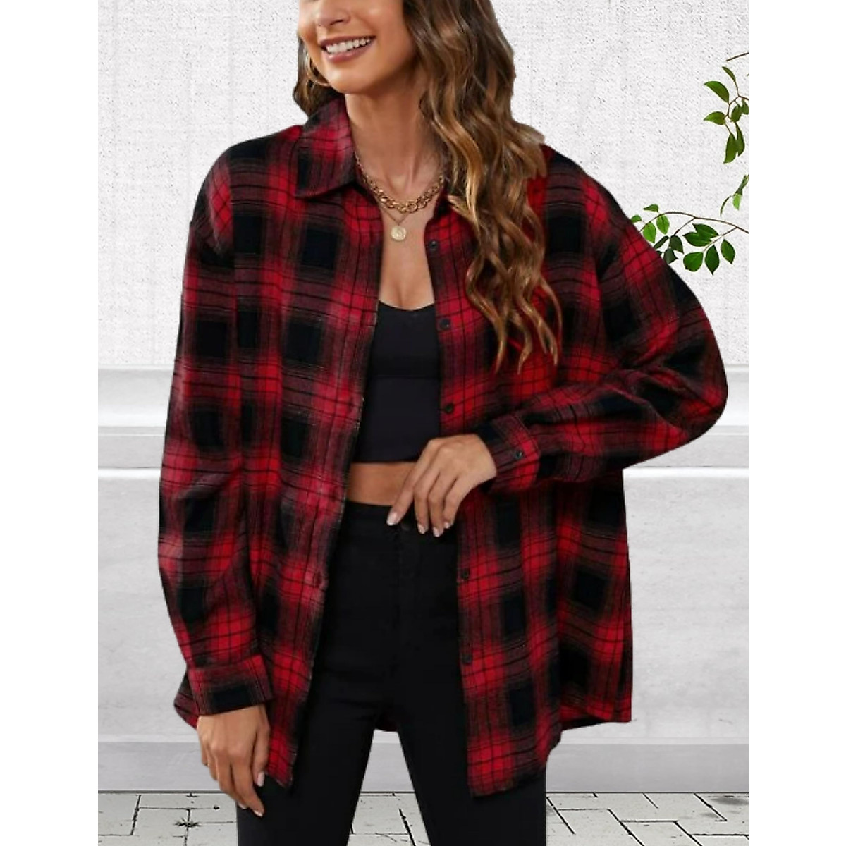 HangNiFang Flannel Red Black Plaid Shirts for Women Oversized Button Down Shirts Blouse(0768-RedBlack-M)
