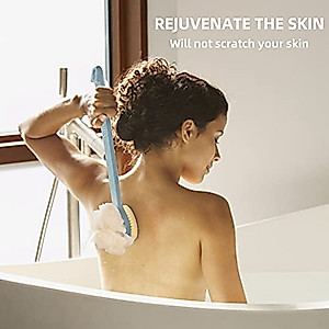 IMAVO Shower Body Brush,Dual-Sided Bath Brush with Bristles and Loofah,Long Handle Back Scrubber for Shower,Anti Slip Back Washer for Skin Exfoliating,Suitable for Wet or Dry Brushing(Blue)