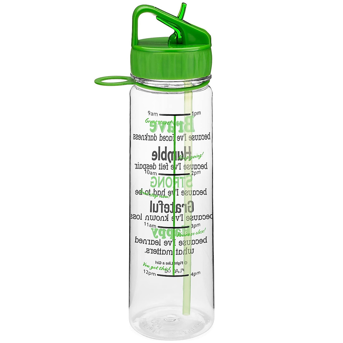 Fight Like a Girl Brave SlimKim 30 oz Motivational Water Bottle with Time Marker & Straw for Lymphoma, Lyme Disease Awareness - Reusable Clear Water Bottle for Workout, Gym, Travel - Lime Green