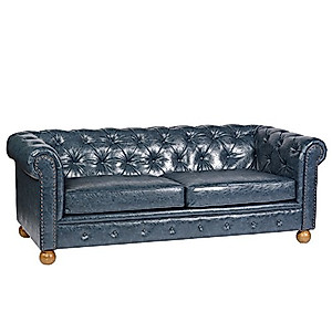 Armen Living Winston Sofa in Blue Bonded Leather and Walnut Wood Finish Wood