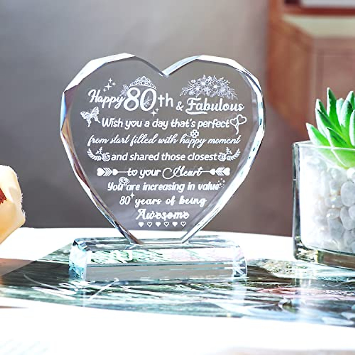 80th Birthday Gifts for Women Mom, Happy 80 Years Old Gifts Ideas for Female Grandma, Glass Love Heart Engraved Keepsake Presents for Her Wife