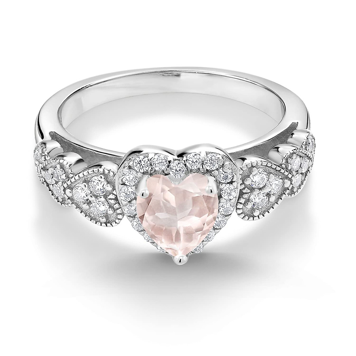 Gem Stone King 925 Sterling Silver Heart Shape Rose Quartz and White Moissanite Ring For Women (0.90 Cttw, Gemstone Birthstone, Available In Size 5, 6, 7, 8, 9)